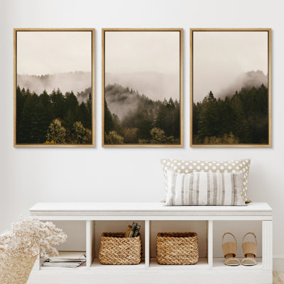 IDEA4WALL Misty Forest Landscape Brown Mountain Nature Decor Framed Canvas 3 Pieces Photograph ...